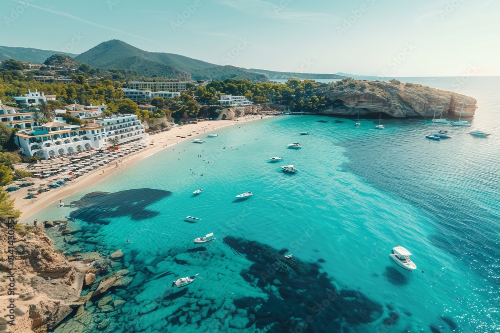 The view is from the air of a beautiful bay with yachts and sandy ...
