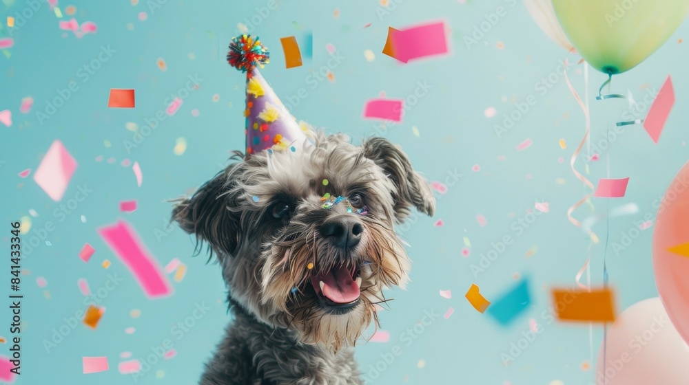 Cute dog in a colorful party hat smiling and celebrating with balloons ...