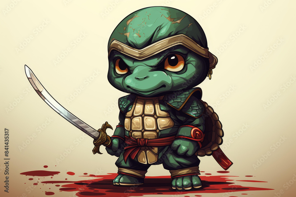 Detailed illustration of a cute and dynamic samurai armor turtle chibi ...