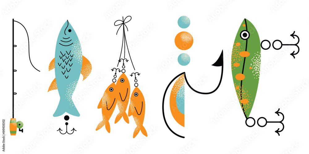 Doodle fishing lure set. Fishery baits of different sizes and shapes ...