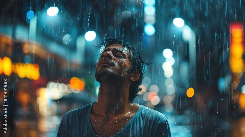 A man stands in the pouring rain, his face turned upwards as tears ...