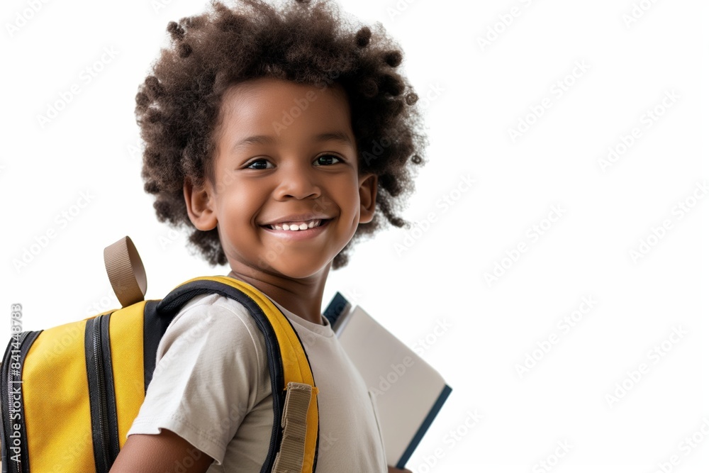 Excited young student with backpack and book, ready for school. Bright ...