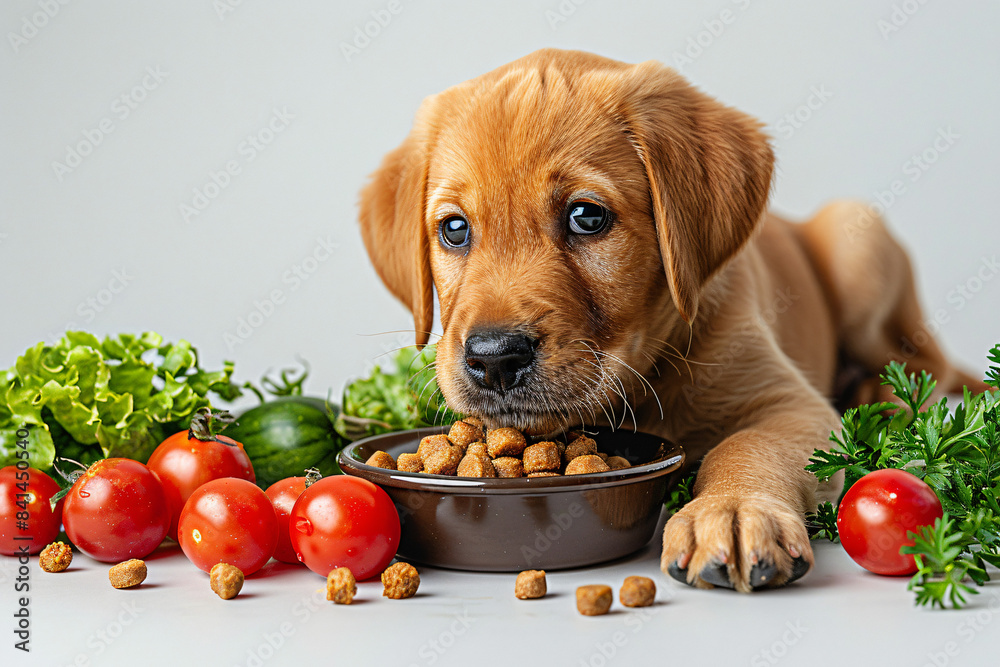 happy labrador puppy eating dog minced food out of brown bawl, looking ...