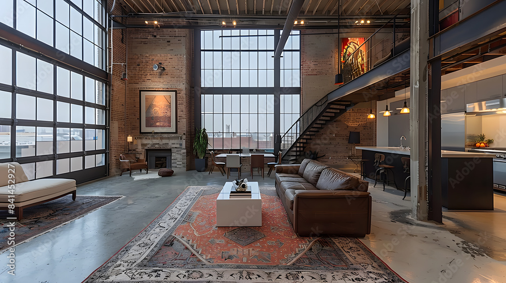A loft-style house with open spaces, high ceilings, exposed steel beams ...