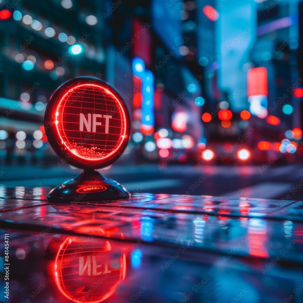 Non-fungible token hologram on virtual digital screen. technology and ...