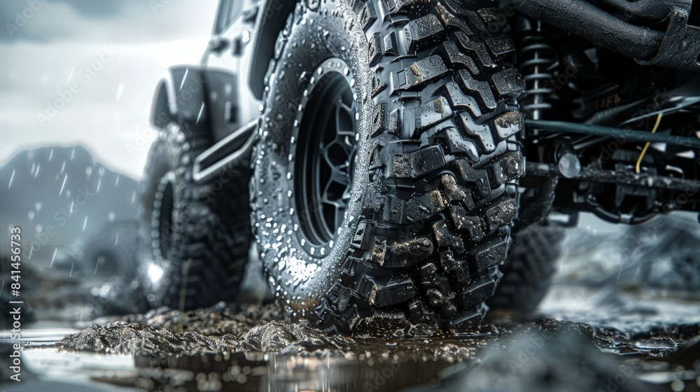 detailed image of a mud-terrain tire, highlighting the aggressive tread ...