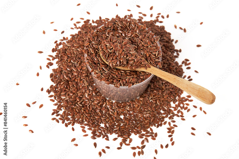 Bowl of Brown flax seed with wooden spoon and scattered isolated on white background. Brown Flax ...
