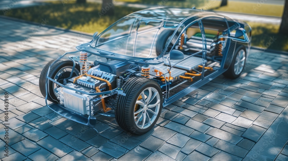 Electric car (generic model) technical cutaway 3d rendering with all ...