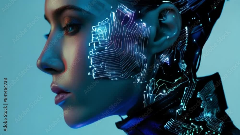 AI, Machine learning, beautiful woman robot cyborg digital technology on brain concept machine ...