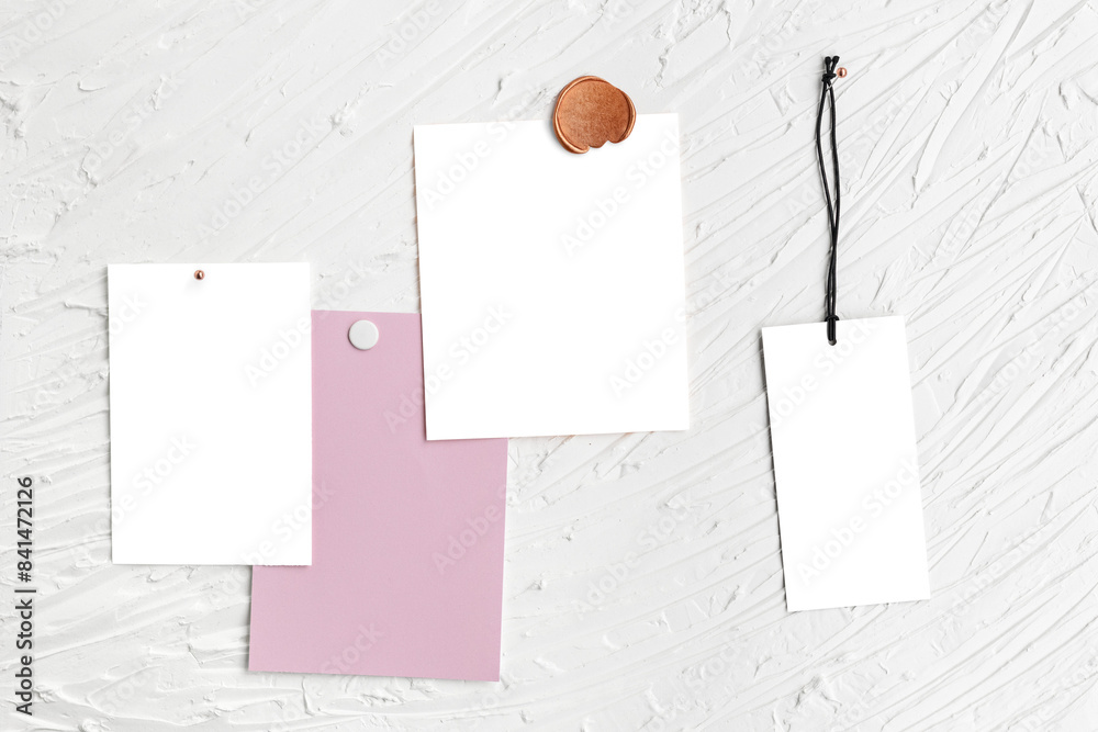 Paper png mockups, transparent notes and label tag on textured white ...