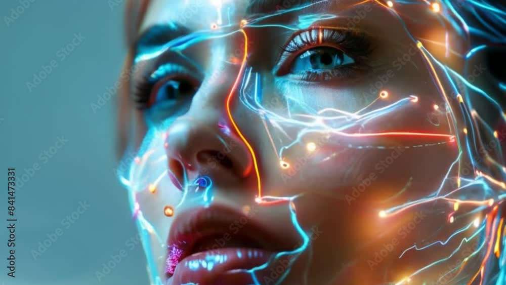 AI, Machine learning, beautiful woman robot cyborg digital technology on brain concept machine ...