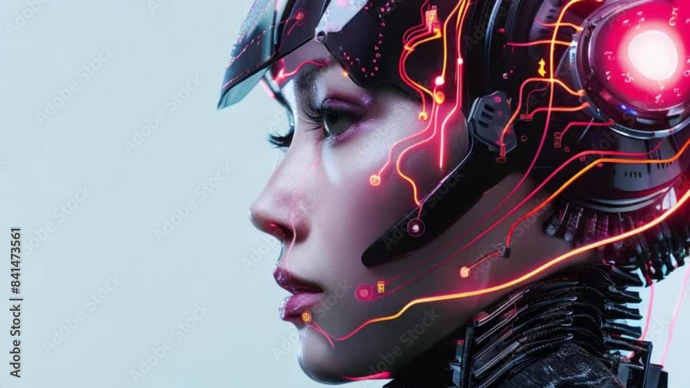 AI, Machine learning, beautiful woman robot cyborg digital technology on brain concept machine ...