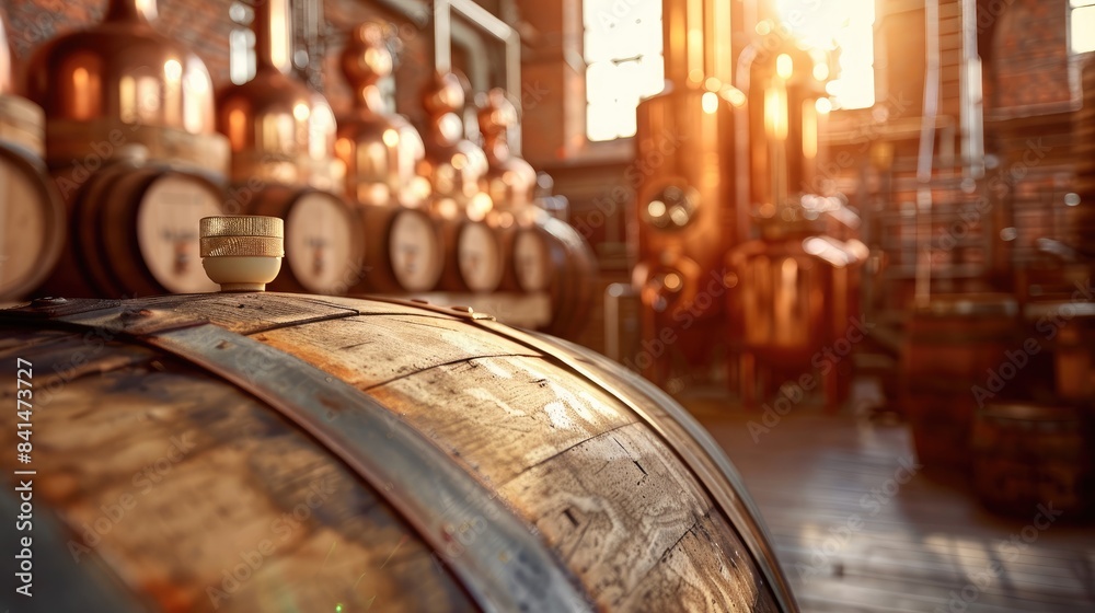 Traditional alcohol distillery concept with an old oak barrel ...