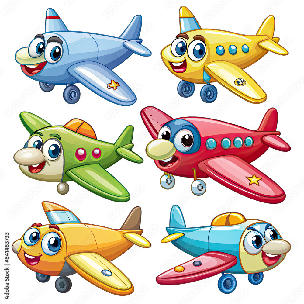 A digital illustration of six cartoon airplanes with happy faces ...
