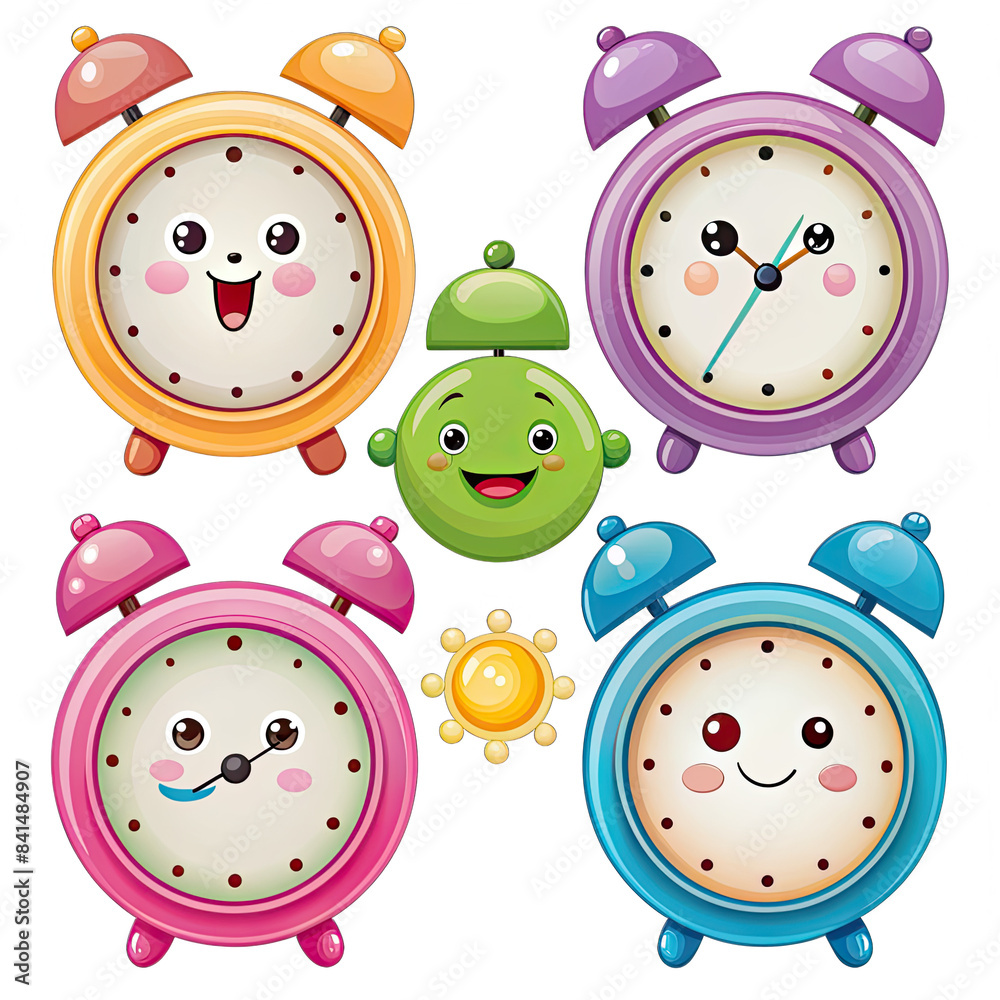This illustration features a set of five cartoon alarm clocks with ...