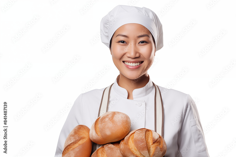 Smiling asian pastry chef on white background. Smiling asian baker ...