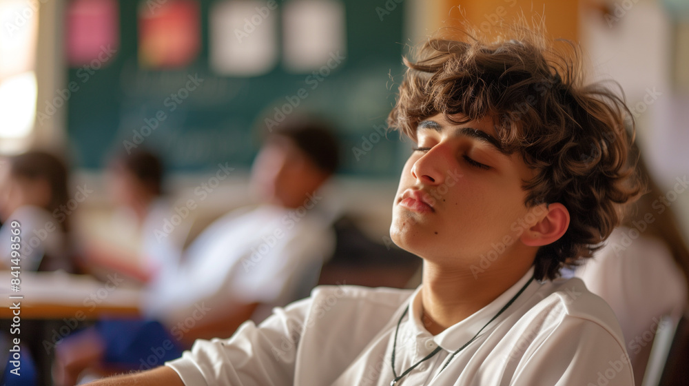 Students sitting in class, sleepy facial expressions, blackboard and ...