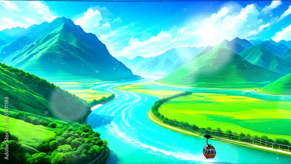 Seamless looping 4K animation of a cable car crossing a fast-flowing ...