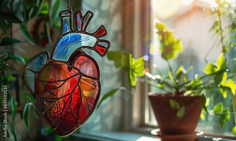 Stained glass panel featuring a human heart, hanging in a garden ...