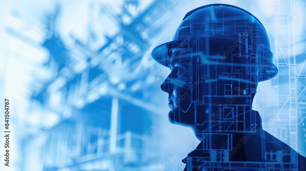 Male construction engineer's side profile with architectural blueprints ...