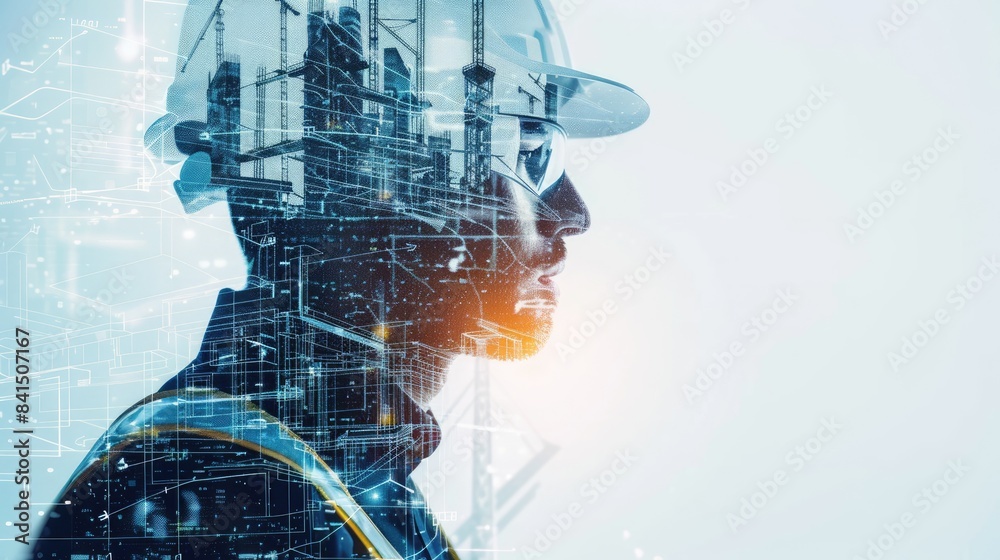 Profile of a male construction engineer overlaid with architectural ...