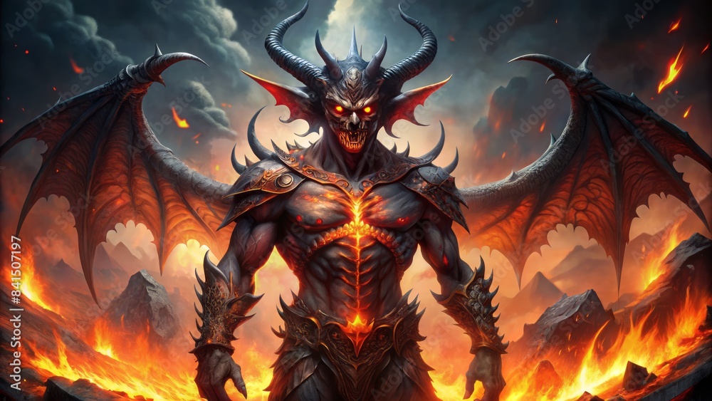 A fiery, gruesome demon monster with razor-sharp horns, glowing red ...