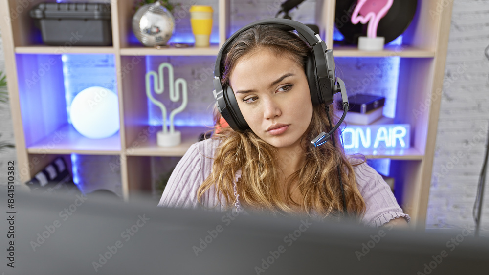 Attractive young hispanic woman streamer, wearing headphones, fully ...
