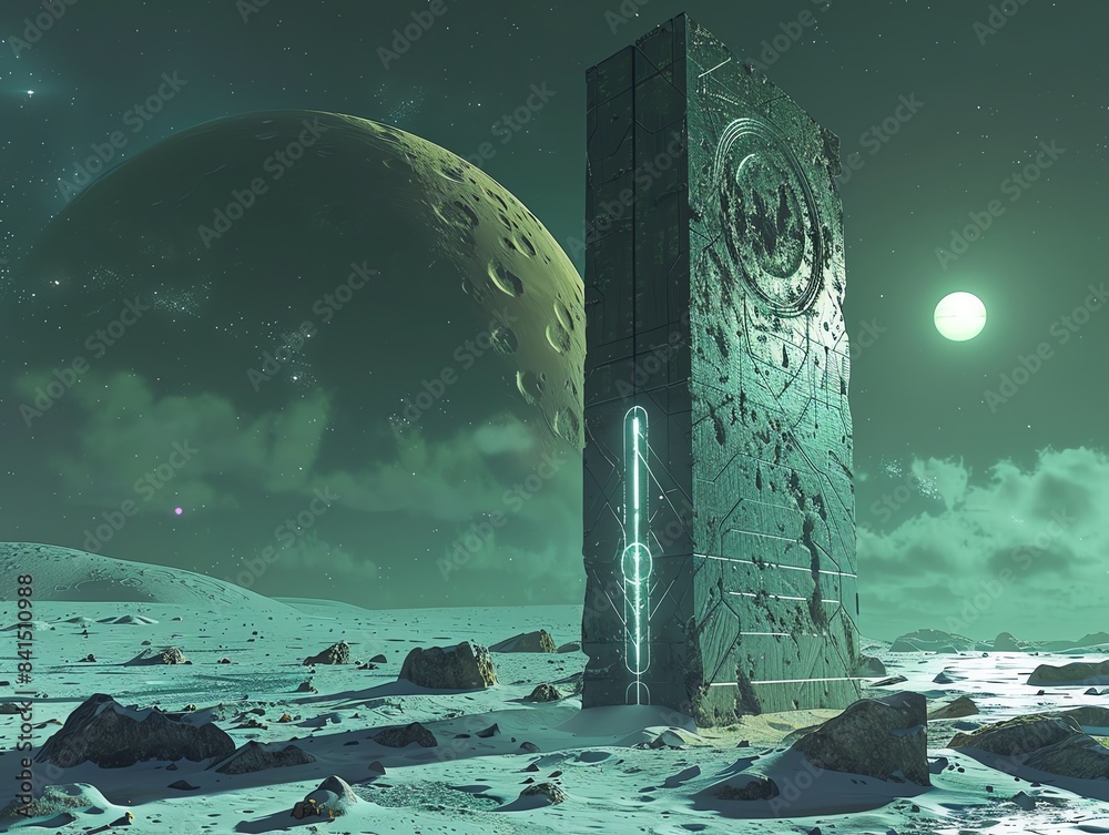 An ancient, alien monolith on a distant moon, with glowing symbols and ...