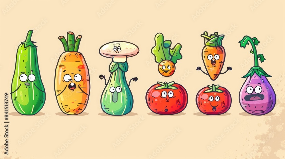 Colorful illustrations of cartoon vegetables with expressive faces ...