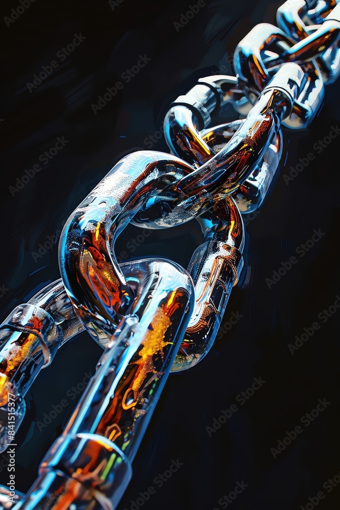Concept painting of a chrome chain, black background, inspired by 1980s ...