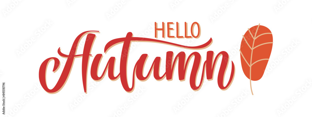 Hello Autumn calligraphy lettering with falling leaf doodle sketch ...