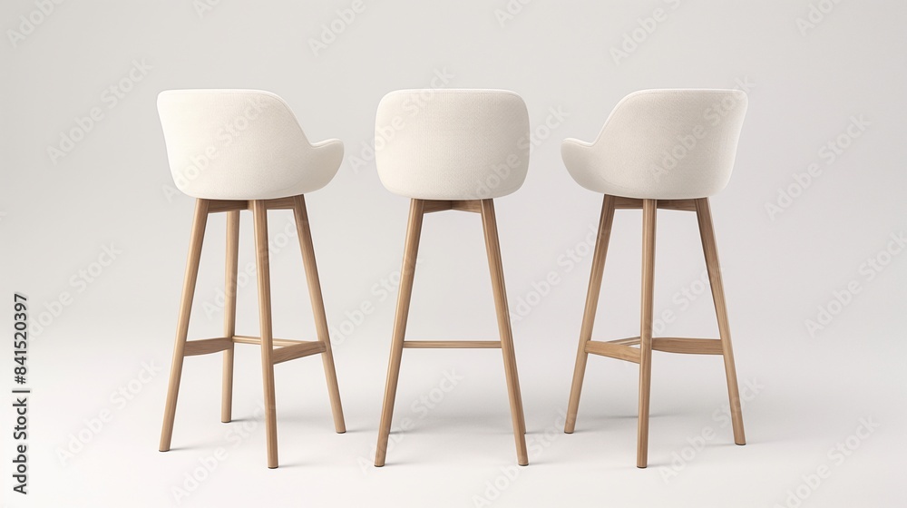Three modern white bar stools with wooden legs arranged in a row ...