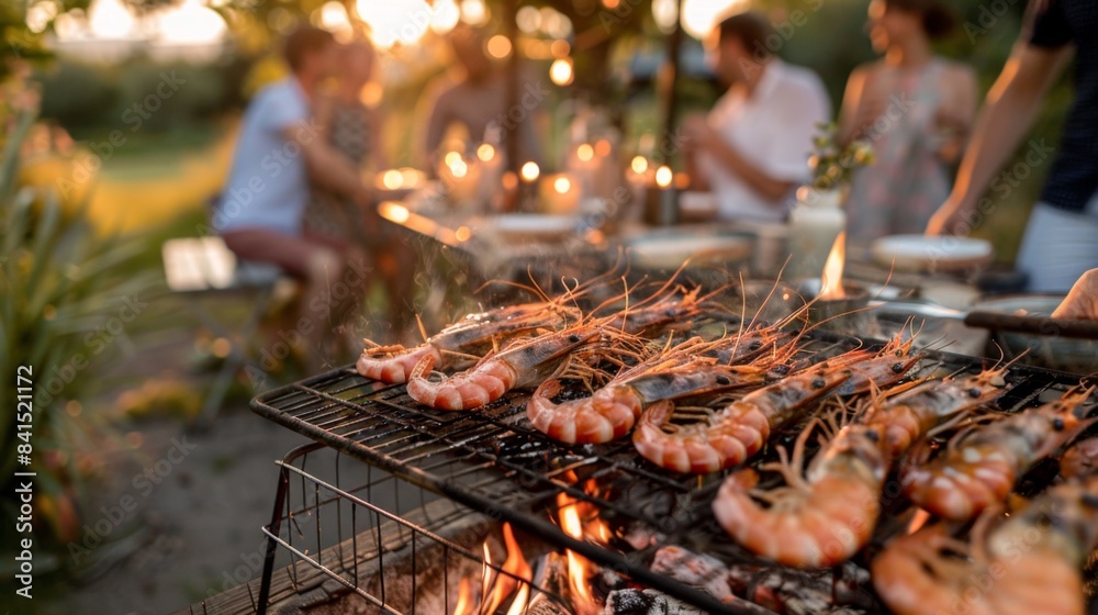A rustic outdoor barbecue scene with river prawns grilling over hot ...