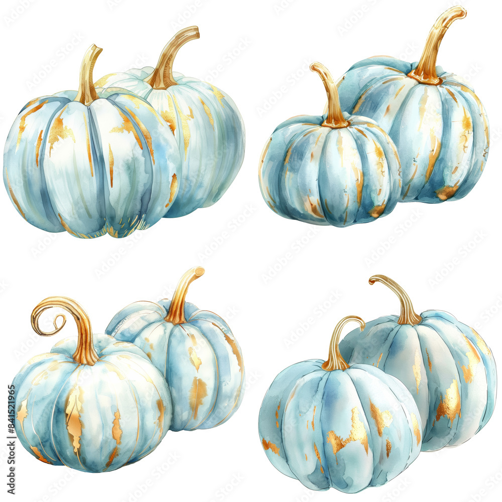 Illustration of four whimsical cyan and gold pumpkins grouped in twos ...