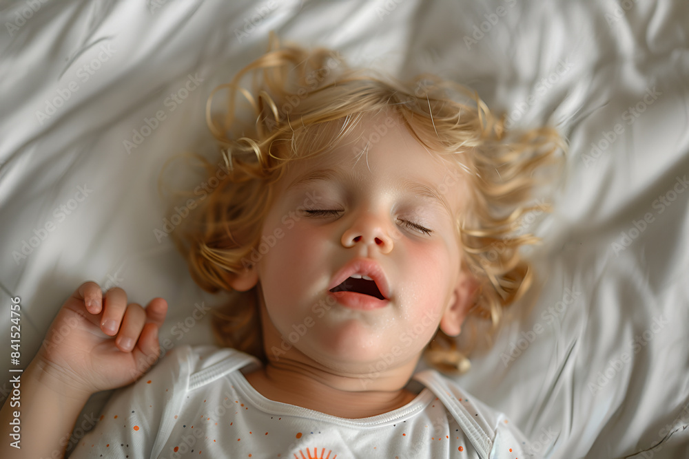 Little blond boy sleeping in his bed. Restless sleep of a baby with a ...