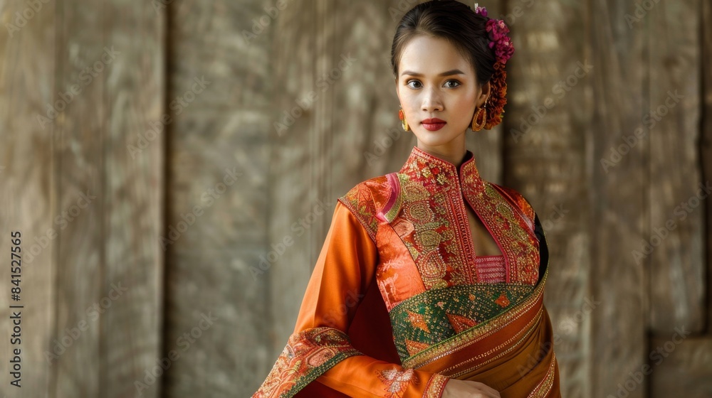 An attractive Burmese woman in a traditional dress poses for a portrait ...