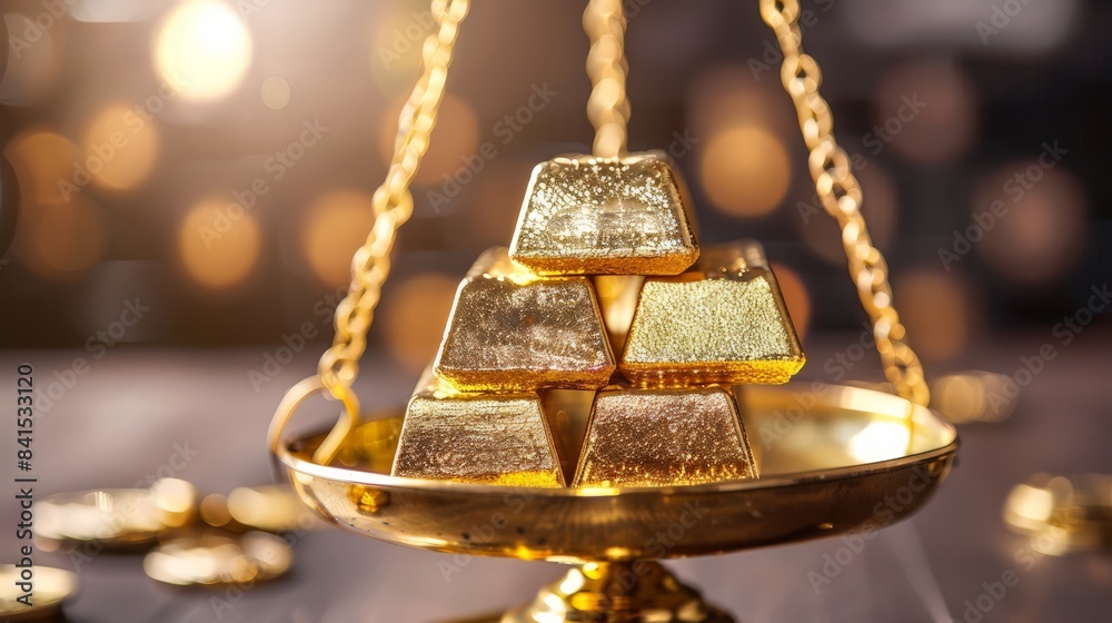 Create an image of a gold ingot being weighed on a scale, highlighting ...