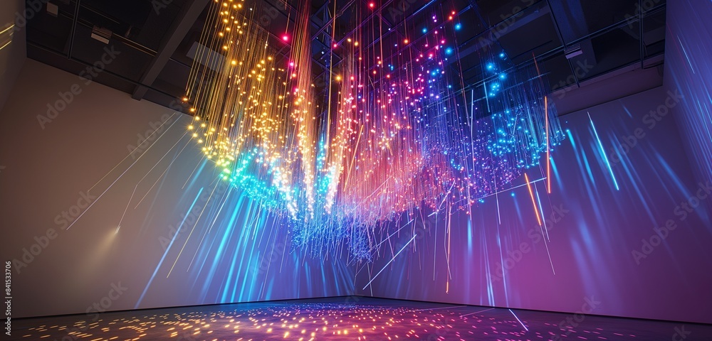 A modern art installation featuring a cascade of multicolored light ...
