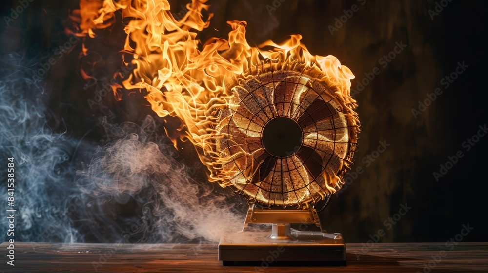 Dramatic table fan with flames, cinematic product photography, studio ...