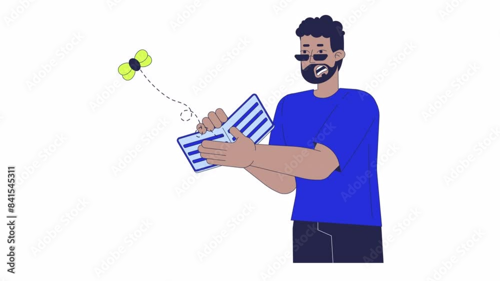 Scared black man holding empty wallet line 2D animation. Afro american ...