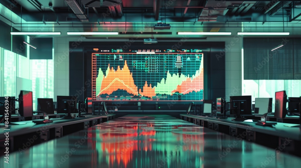 Stock market graph overlay on a big screen with a busy office ...