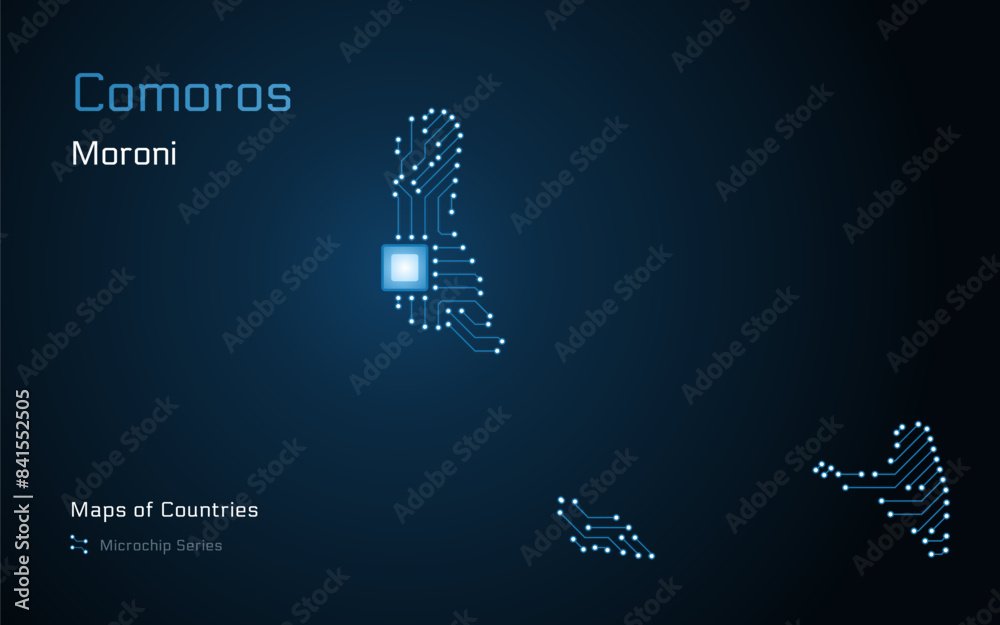Comoros Map with a capital of Moroni Shown in a Microchip Pattern with ...