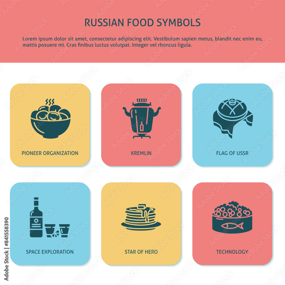 Banner with Russian cuisine symbols. National food and drinks of Russia ...