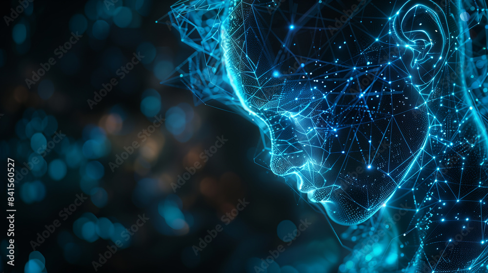 Futuristic digital face is being formed by glowing blue network ...