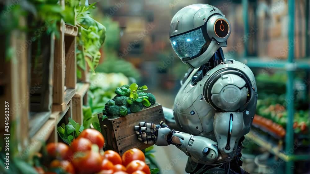 Highly advanced robot in greenhouse holding a wooden crate with fresh ...