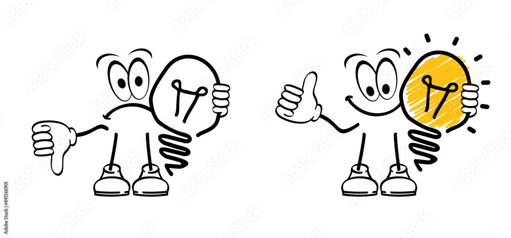 Cartoon think lamp with brain. Happy mascot stickman and light bulb or ...