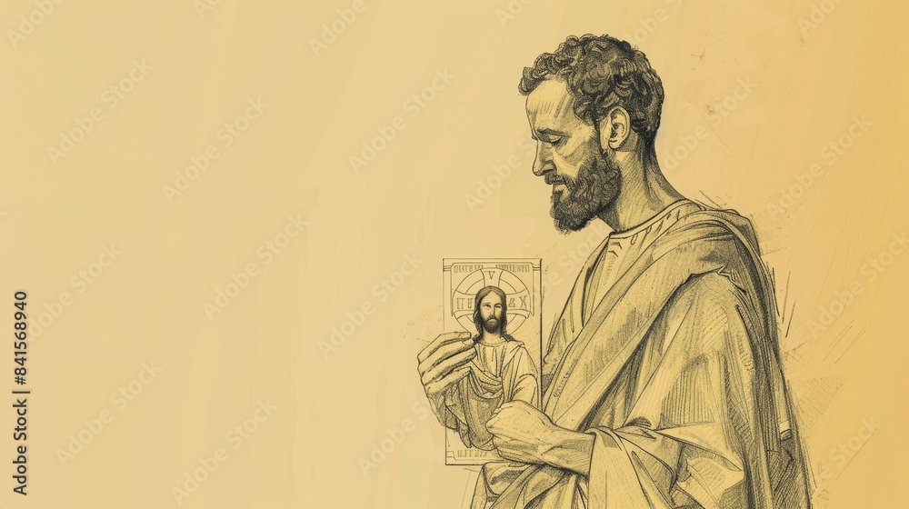 Biblical Illustration Of Apostle Jude Thaddeus Holding Image Of Jesus On Beige Background With