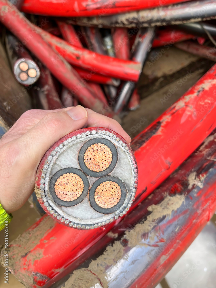 Copper cable cross-section showing the three cores of heavy duty copper ...