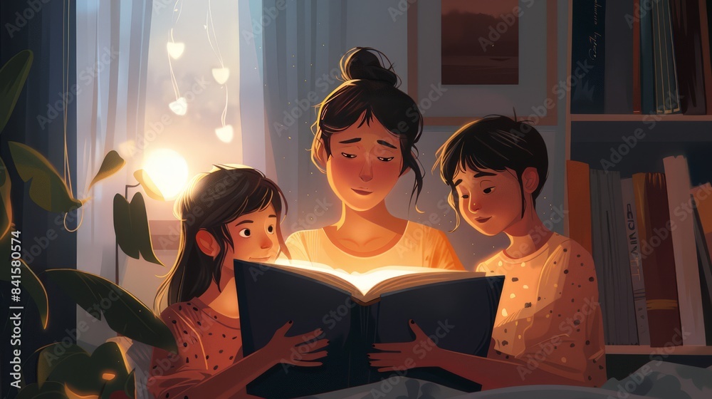 Design a heartwarming scene of a mother looking at a photo album with ...