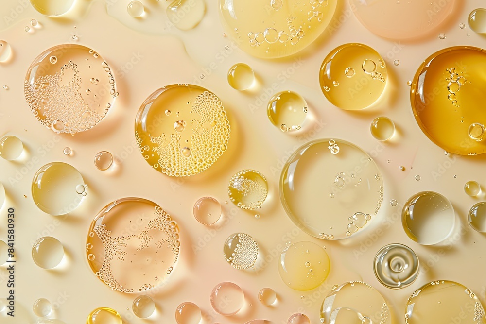 Color swatches of different types and sizes of liquid oils for skin ...